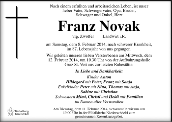 Traueranzeigen von Franz Novak | trauer.kleinezeitung.at