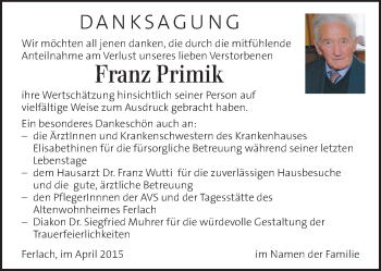 Traueranzeigen von Franz Primik | trauer.kleinezeitung.at