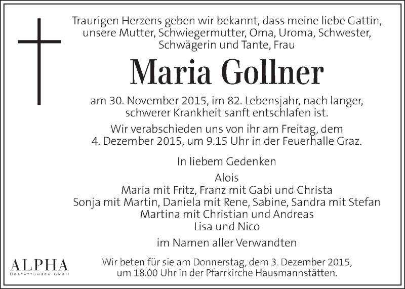 Traueranzeigen von Maria Gollner | trauer.kleinezeitung.at