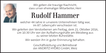 Traueranzeigen von Rudolf Hammer | trauer.kleinezeitung.at