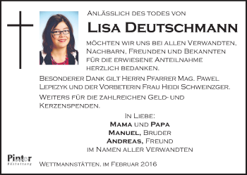 Traueranzeigen von Lisa Deutschmann | trauer.kleinezeitung.at