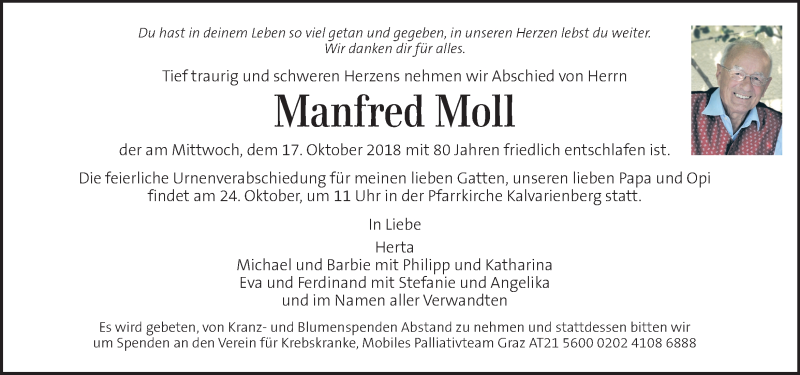 Traueranzeigen von Manfred Moll | trauer.kleinezeitung.at