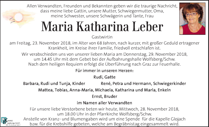 Traueranzeigen von Maria Katharina Leber | trauer.kleinezeitung.at