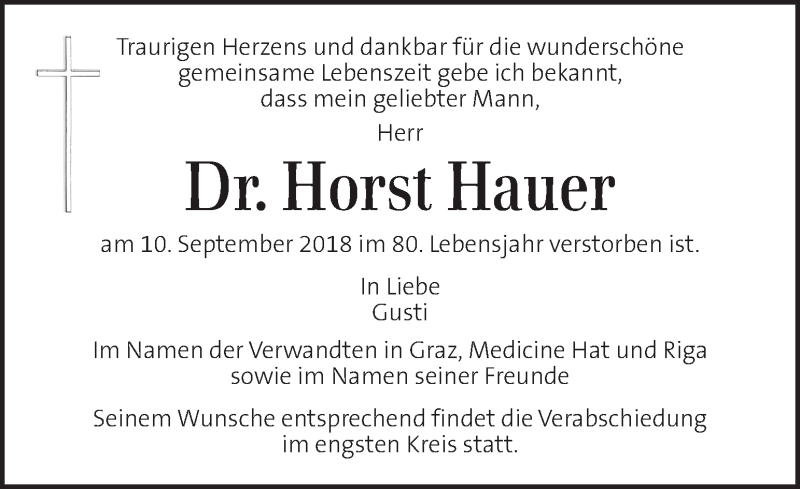 Traueranzeigen von Horst Hauer | trauer.kleinezeitung.at