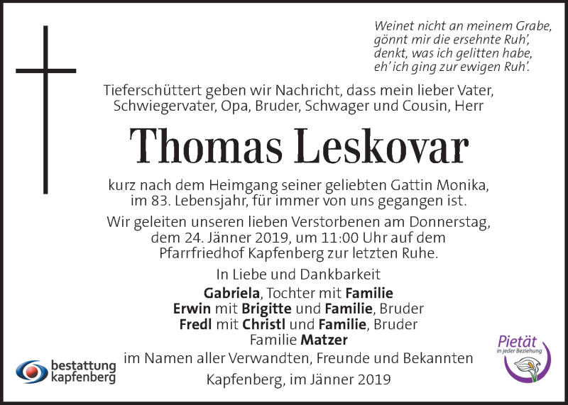 Traueranzeigen von Thomas Leskovar | trauer.kleinezeitung.at