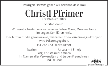Traueranzeigen von Christl Pfrimer | trauer.kleinezeitung.at