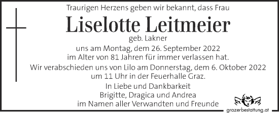 Traueranzeigen von Liselotte Leitmeier-Lakner | trauer.kleinezeitung.at