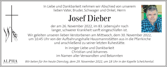 Traueranzeigen von Josef Dieber | trauer.kleinezeitung.at