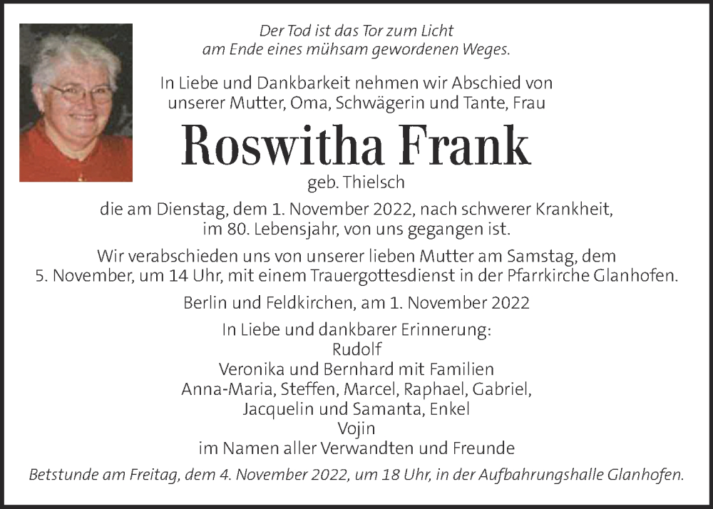 Traueranzeigen von Roswitha Frank | trauer.kleinezeitung.at