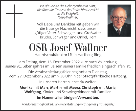 Traueranzeigen von Josef Wallner | trauer.kleinezeitung.at