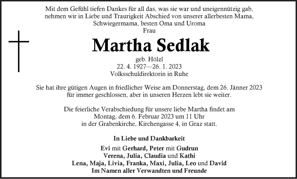 Traueranzeigen von Martha Sedlak | trauer.kleinezeitung.at Traueranzeigen von Martha Sedlak | trauer.kleinezeitung.at