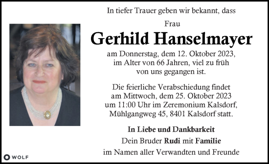 Traueranzeigen von Gerhild Hanselmayer | trauer.kleinezeitung.at