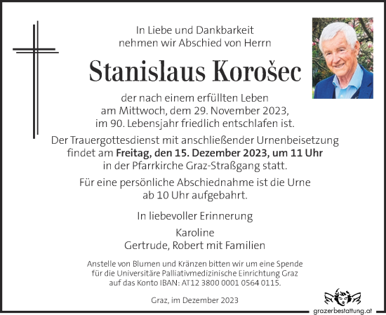 Traueranzeigen von Stanislaus Korošec | trauer.kleinezeitung.at