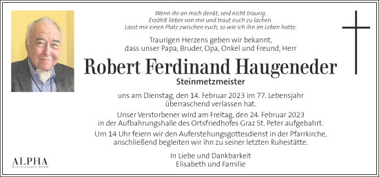 Traueranzeigen von Robert Ferdinand Haugeneder | trauer.kleinezeitung.at