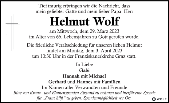Traueranzeigen von Helmut Wolf | trauer.kleinezeitung.at