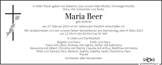 Traueranzeigen von Maria Beer | trauer.kleinezeitung.at