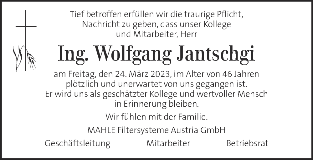 Traueranzeigen von Wolfgang Jantschgi | trauer.kleinezeitung.at