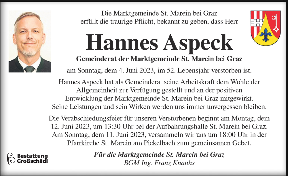 Traueranzeigen von Hannes Aspeck | trauer.kleinezeitung.at
