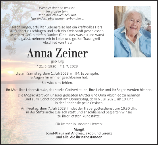 Traueranzeigen von Anna Zeiner | trauer.kleinezeitung.at