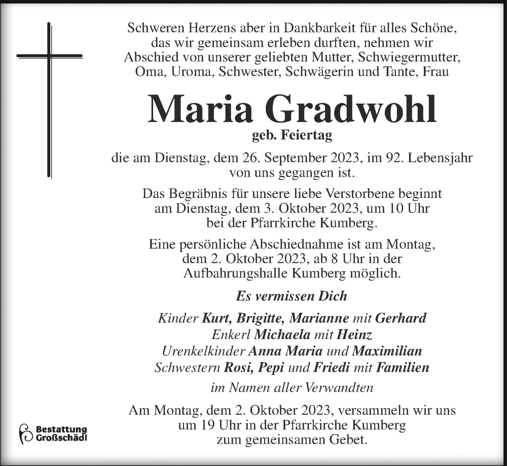Traueranzeigen von Maria Gradwohl | trauer.kleinezeitung.at