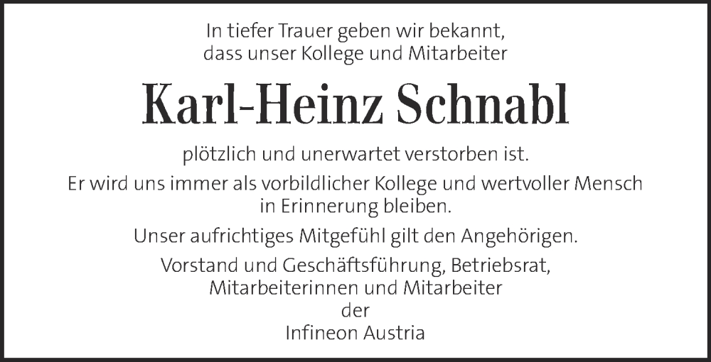 Traueranzeigen von Karl-Heinz Schnabl | trauer.kleinezeitung.at