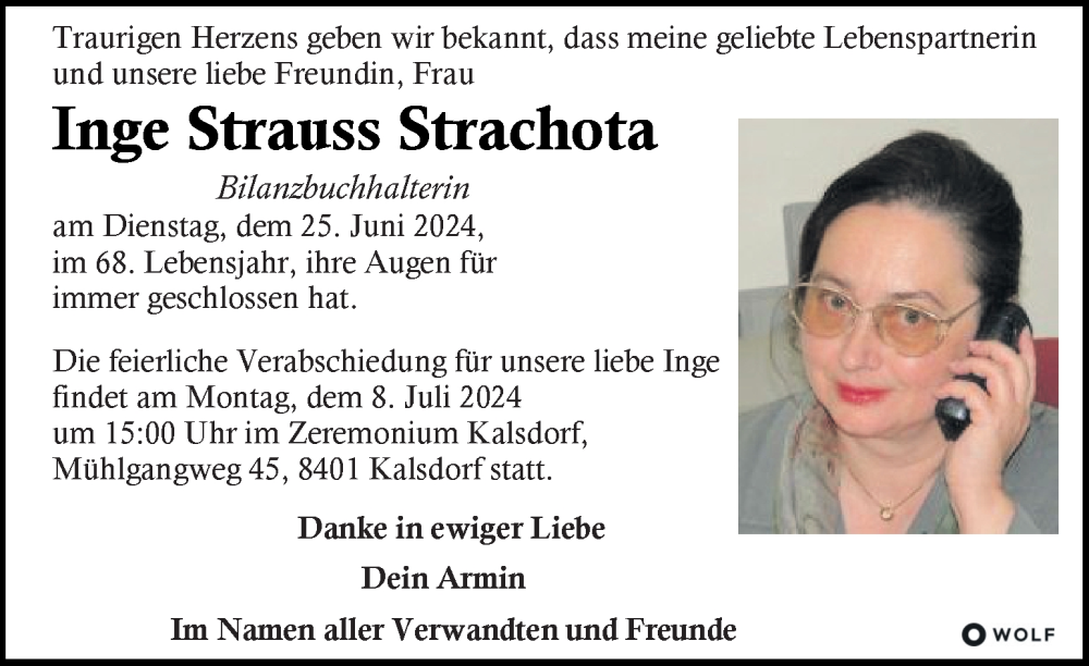Traueranzeigen von Inge Strauss Strachota | trauer.kleinezeitung.at