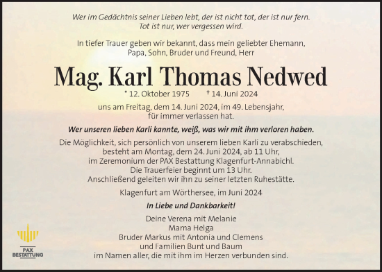 Traueranzeigen von Karl Thomas Nedwed | trauer.kleinezeitung.at