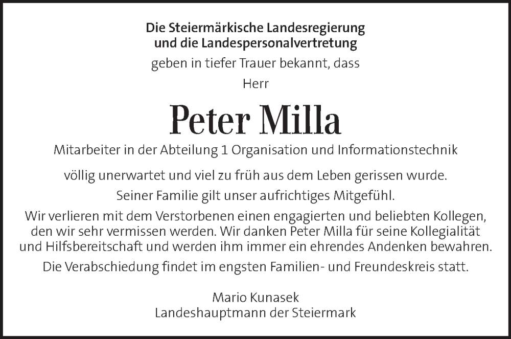 Traueranzeigen von Peter Milla | trauer.kleinezeitung.at