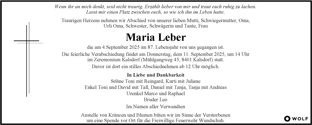 Traueranzeigen von Maria Leber | trauer.kleinezeitung.at